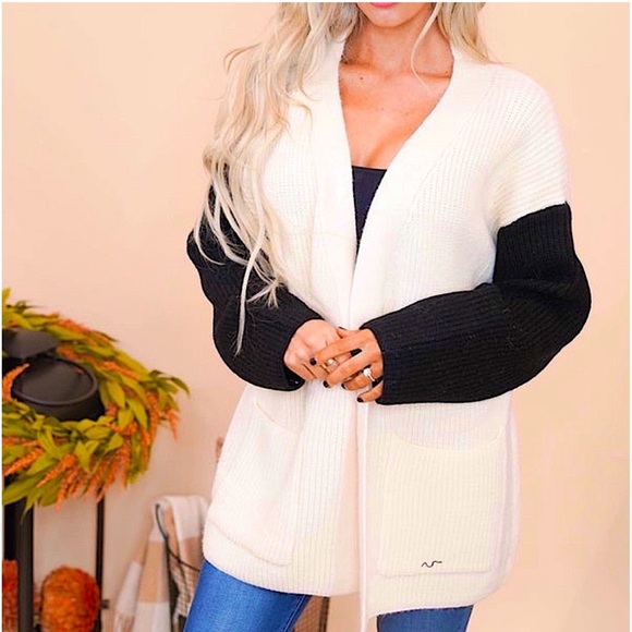 BiBi | Sweaters | Bibi Oatmealblack Color Block Sleeves Cardigan Small ...